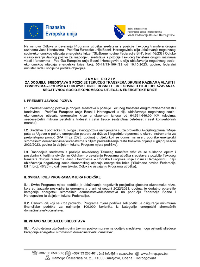Energetska Pomoć - Tekst Javnog Poziva | PDF