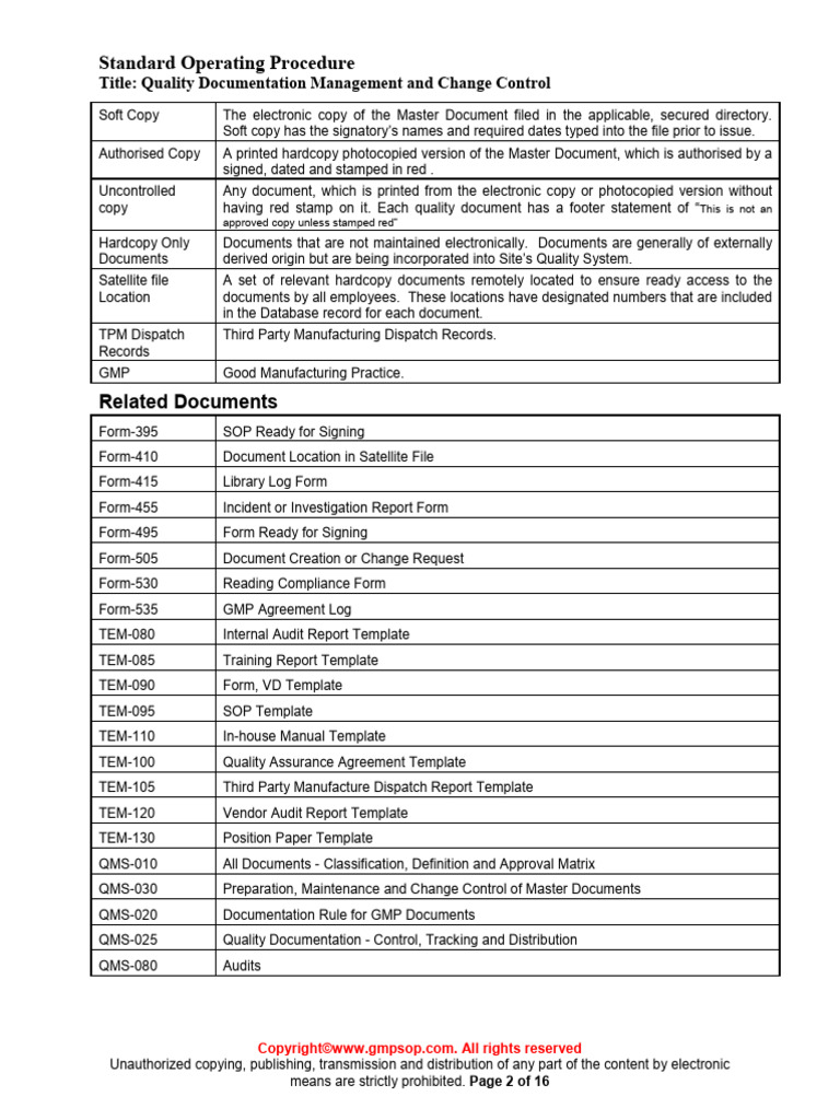 QMS 015 Quality Documentation Management and Change Control Sample ...