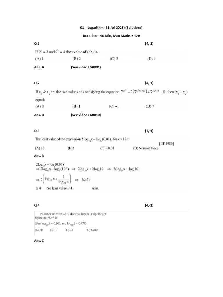 01 - Logarithm - Solutions | PDF | Mathematics | Mathematical Objects