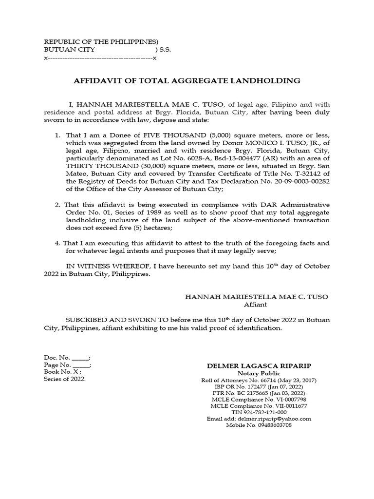 Affidavit of Landholding in Butuan City | PDF | Affidavit | Common Law