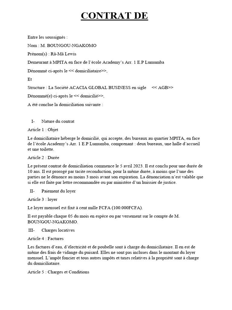 Contrat de Domiciliation à MPITA | PDF