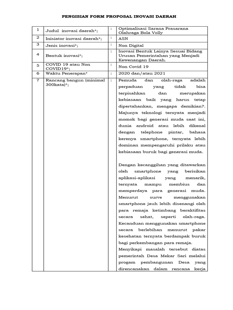 Contoh Pengisian Proposal Inovasi Daerah | PDF