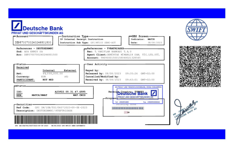 MT103 Gpi Semi-Automatic Asa Energy Sa To Kdemrtas Mi̇marlik Ti̇c - Ltd ...