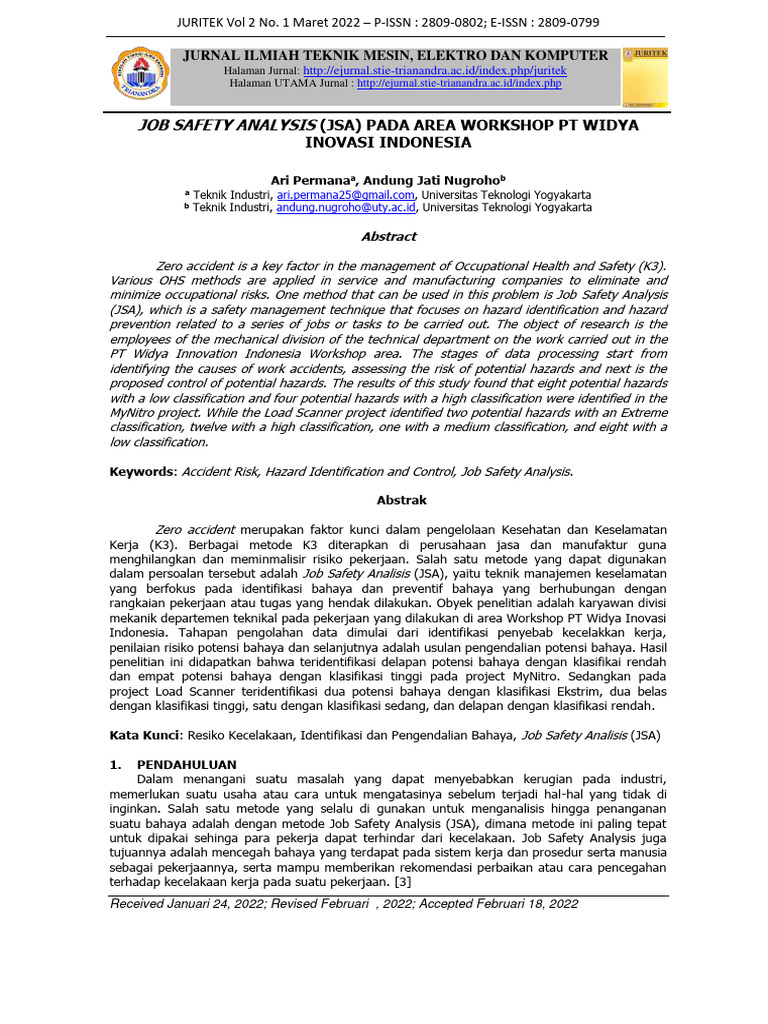 Job Safety Analysis (Jsa) Pada Area Workshop PT Widya Indonesia | PDF
