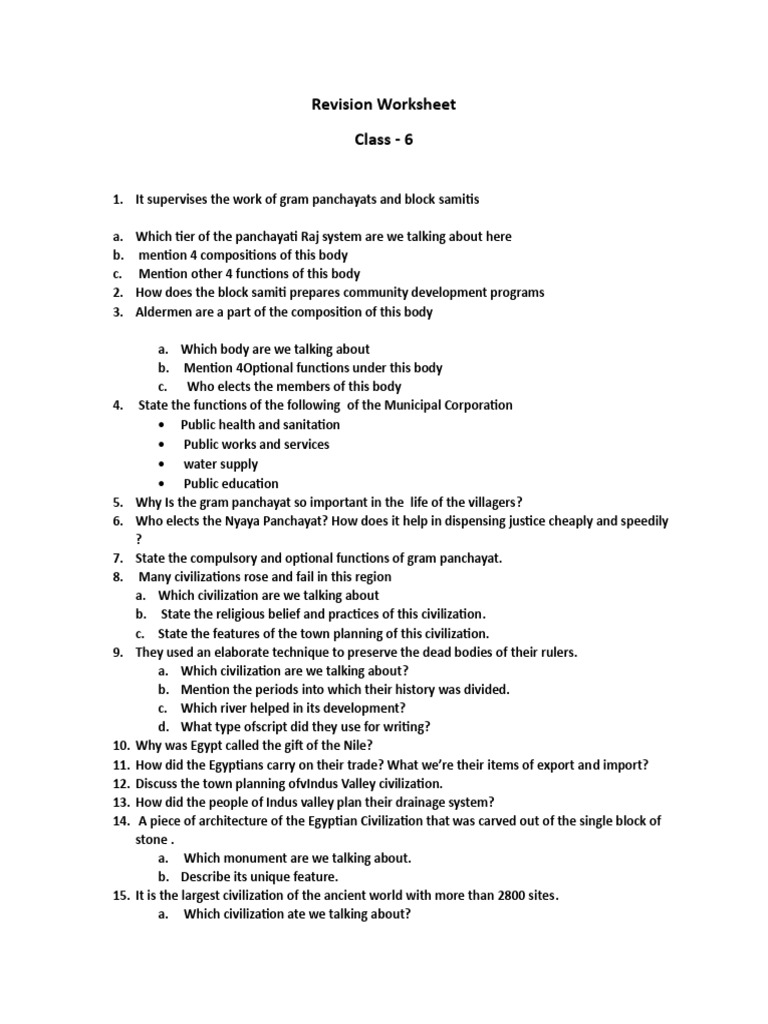 Revision Worksheet Class 6 | PDF | Ancient Egypt