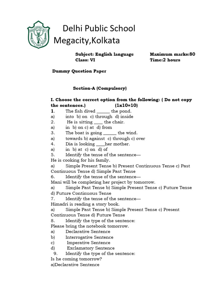 English Language Dummy Paper For Class 6 | PDF