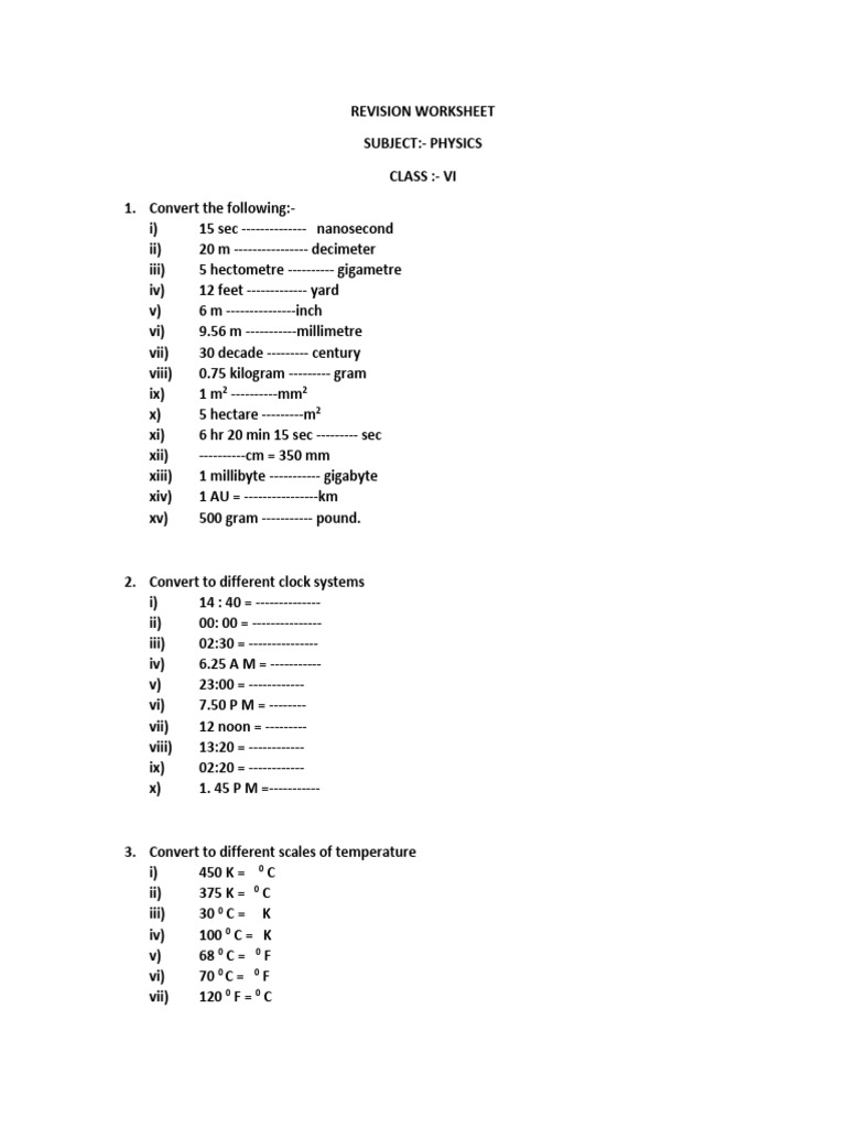 Physics Revision Worksheet Class VI | PDF | Thermometer | Light