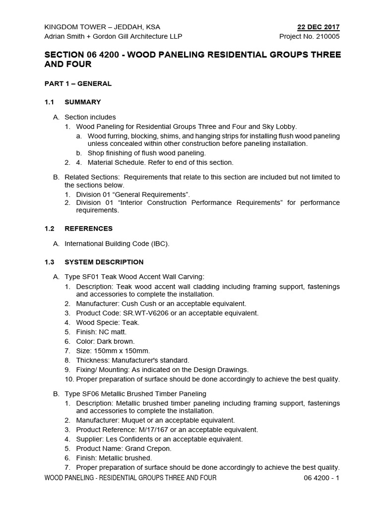 Section 06 4200 - Wood Paneling Residential Groups Three | PDF
