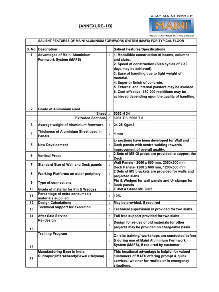 Salient Features For Aluminium Formwork System | PDF | Structural Engineering | Building Engineering