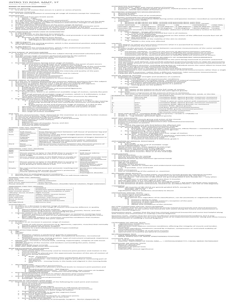 Intro To Rom, MMT, ST | PDF | Anatomical Terms Of Motion | Elbow
