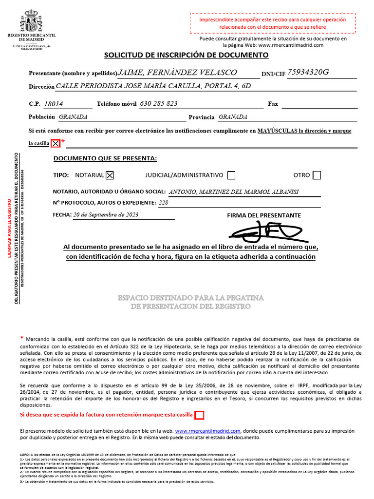 Solicitud Inscripcion Documento Registro Mercantil | PDF