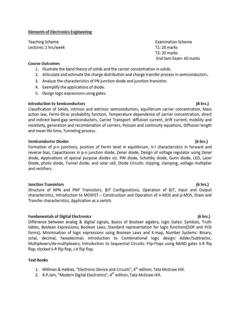 Elements of Electronics Engineering - Syllabus | PDF | P–N Junction | Diode