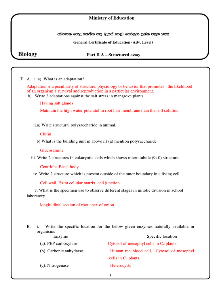 Biology Structured Answers | PDF | Science & Mathematics