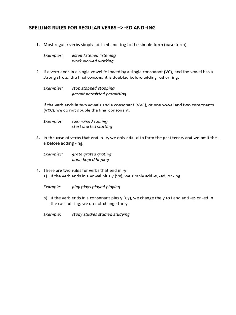SPELLING RULES FOR REGULAR VERBS - Ed & - Ing | PDF