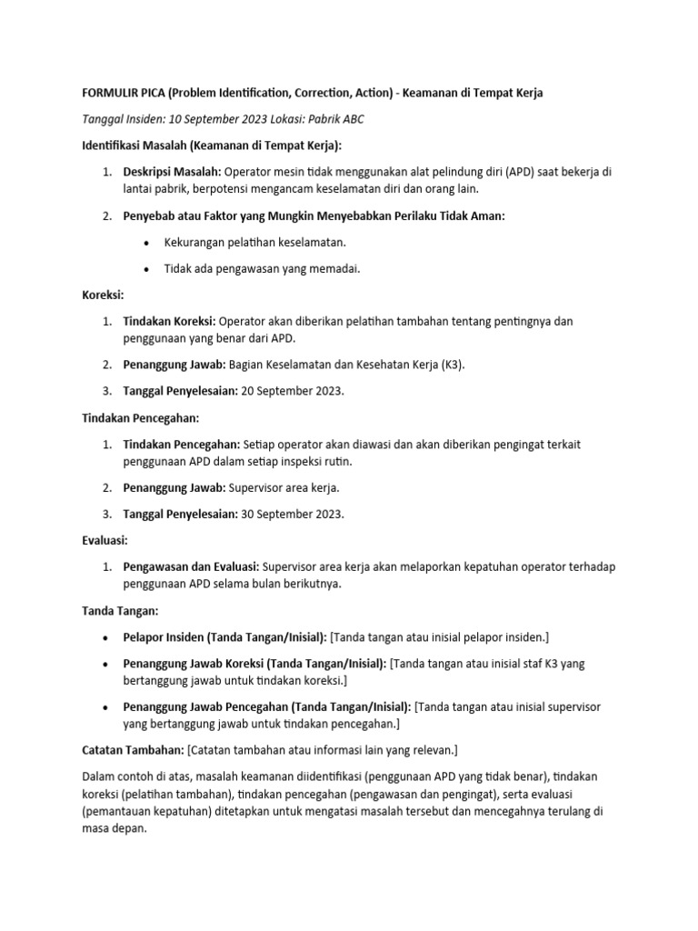 Contoh Isian Formulir PICA | PDF