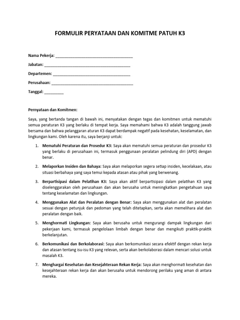 Form Pernyataan Dan Komitmen Patuh k3 Pekerja | PDF