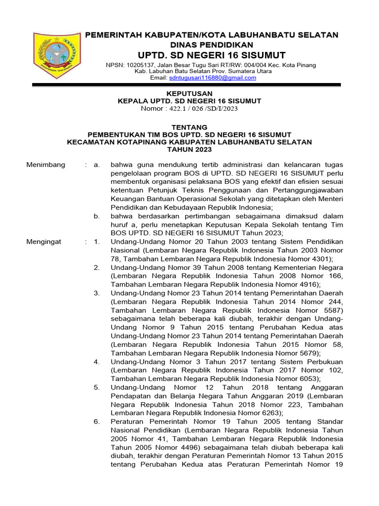 Contoh SK Tim BOS Reguler 2019 - WWW - Dapodik.co - Id | PDF