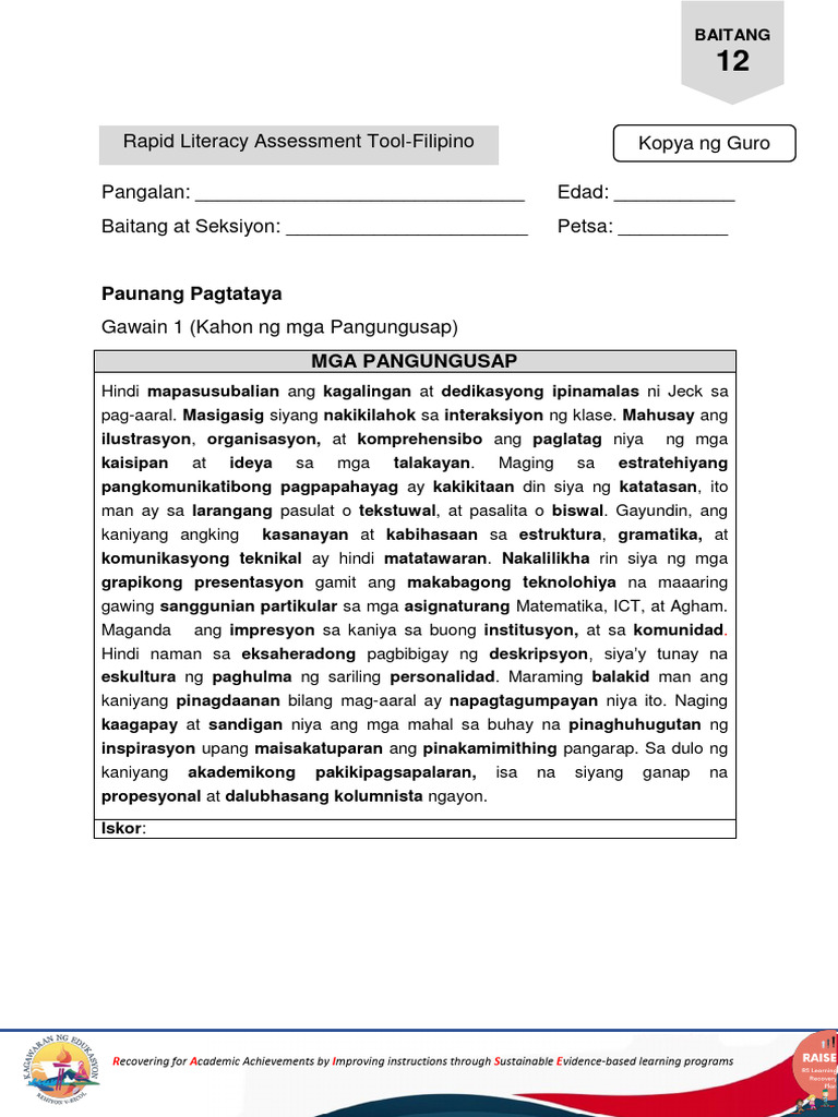 RLA Fil Grade 12 Final | PDF