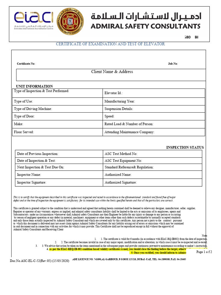 CERTIFICATE-ELEVATOR-Final (15-03-2020) | PDF
