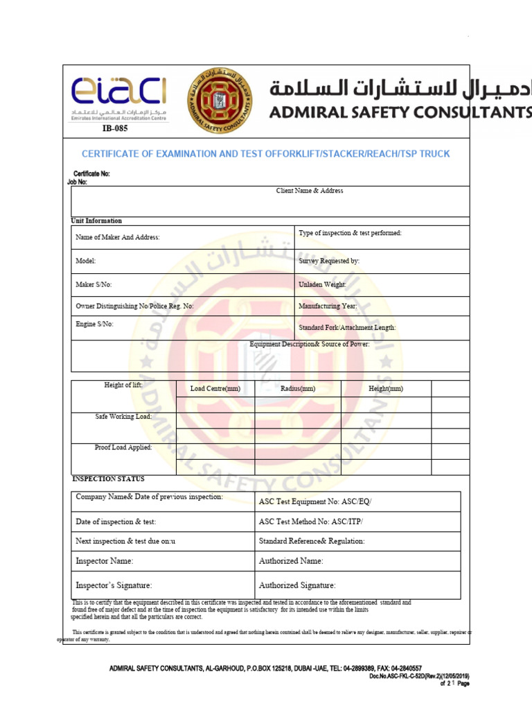 Forklift Inspection and Load Test Certificate | PDF