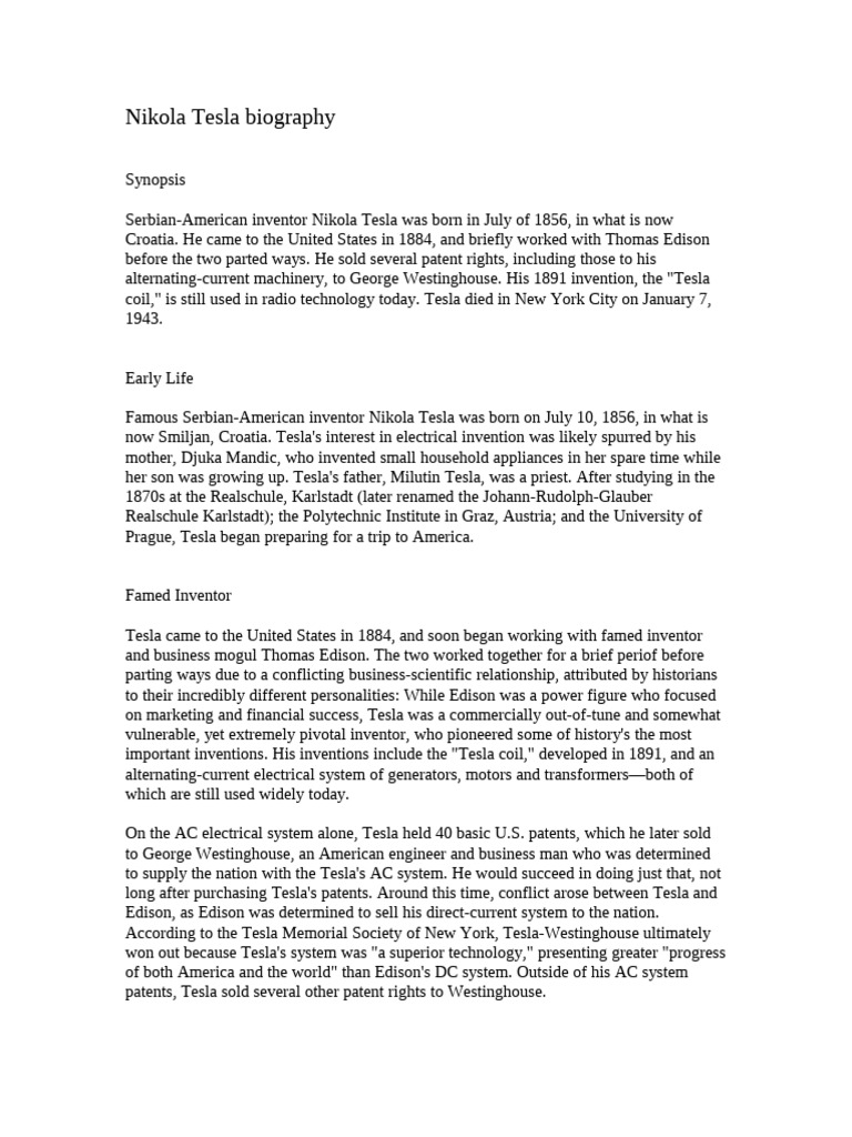 Nikola Tesla Biography | PDF | Nikola Tesla | Alternating Current