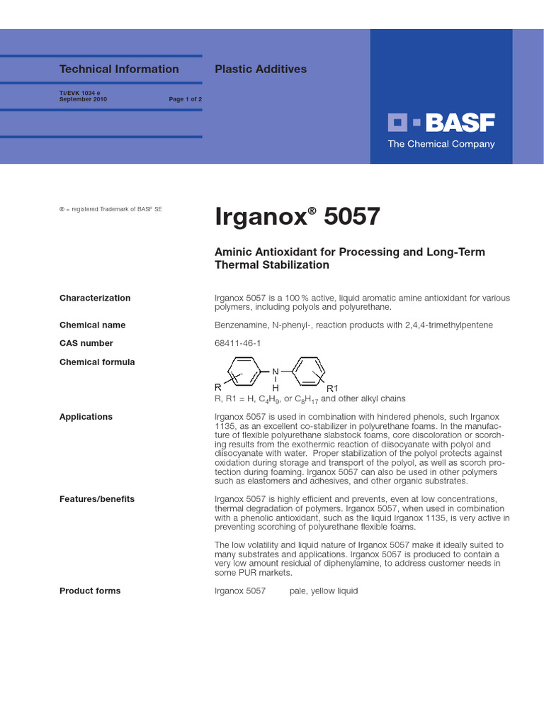 巴斯夫抗氧剂irganox 5057产品技术资料 宝旭化工 | PDF | Polyurethane | Chemical Substances
