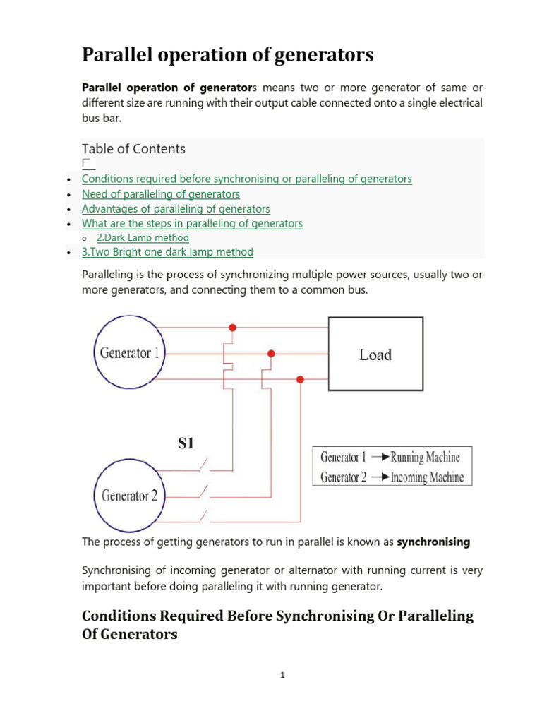 Parallel Operation of Generators | PDF | Electric Generator | Electrical Grid