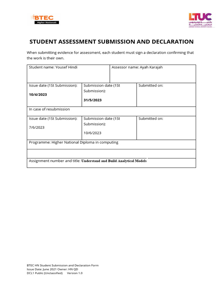 Student Assessment Submission and Declaration | PDF | Analytics | Mathematical Optimization