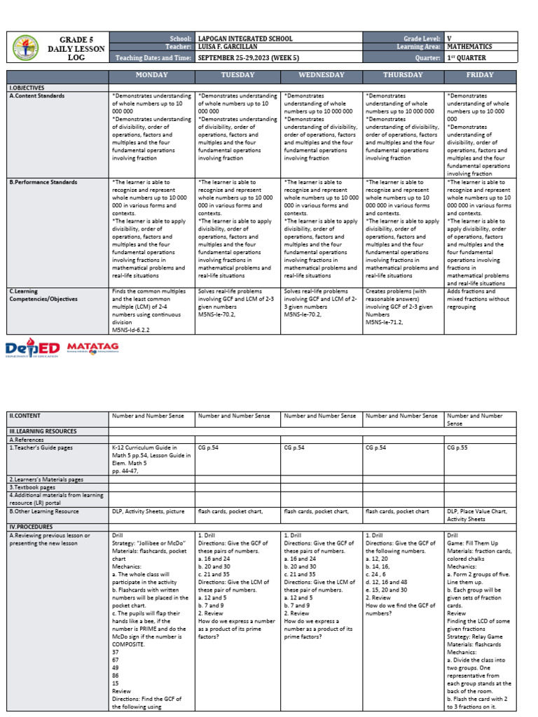 DLL - Mathematics 5 - Q1 - W5 | PDF | Flashcard | Learning