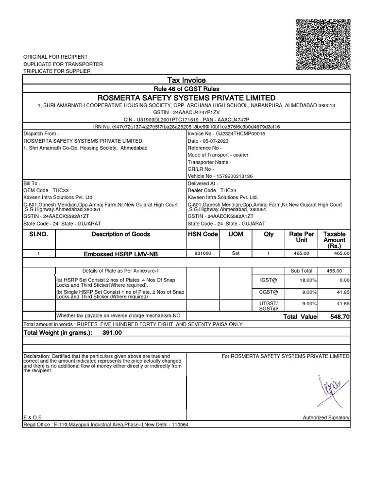 Tax Invoice for HSRP Plates | PDF | Payments | Government Finances