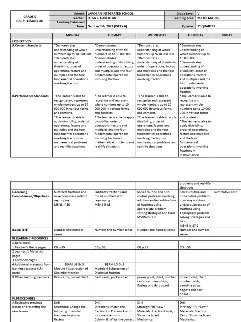 DLL - Mathematics 5 - Q1 - W6 | PDF DLL - Mathematics 5 - Q1 - W6 | PDF