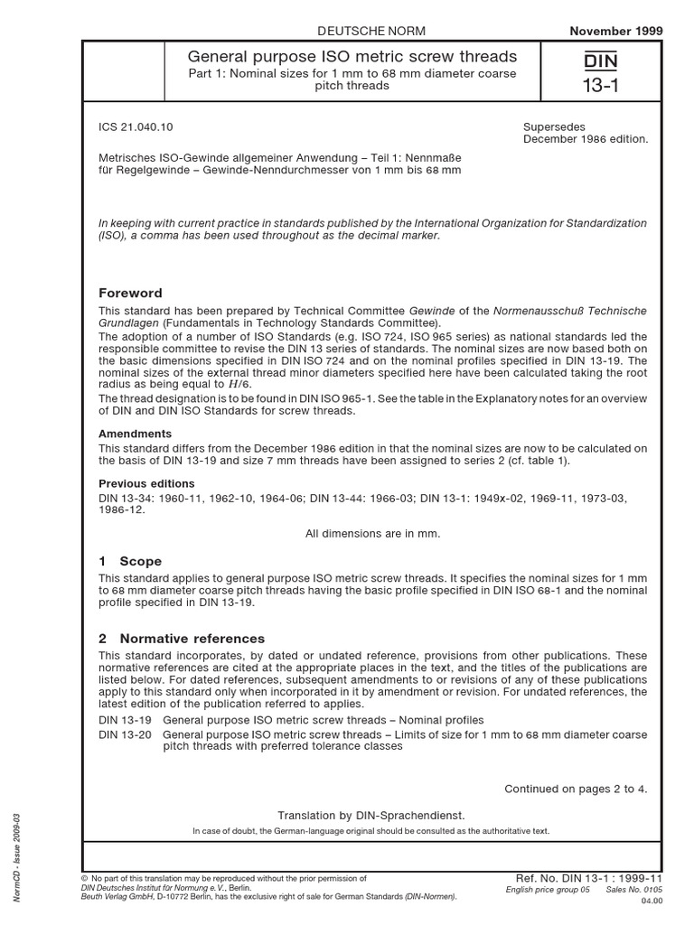 DIN 13-1 (1999) - General Purpose ISO Metric Screw Threads | PDF | Screw | Metalworking