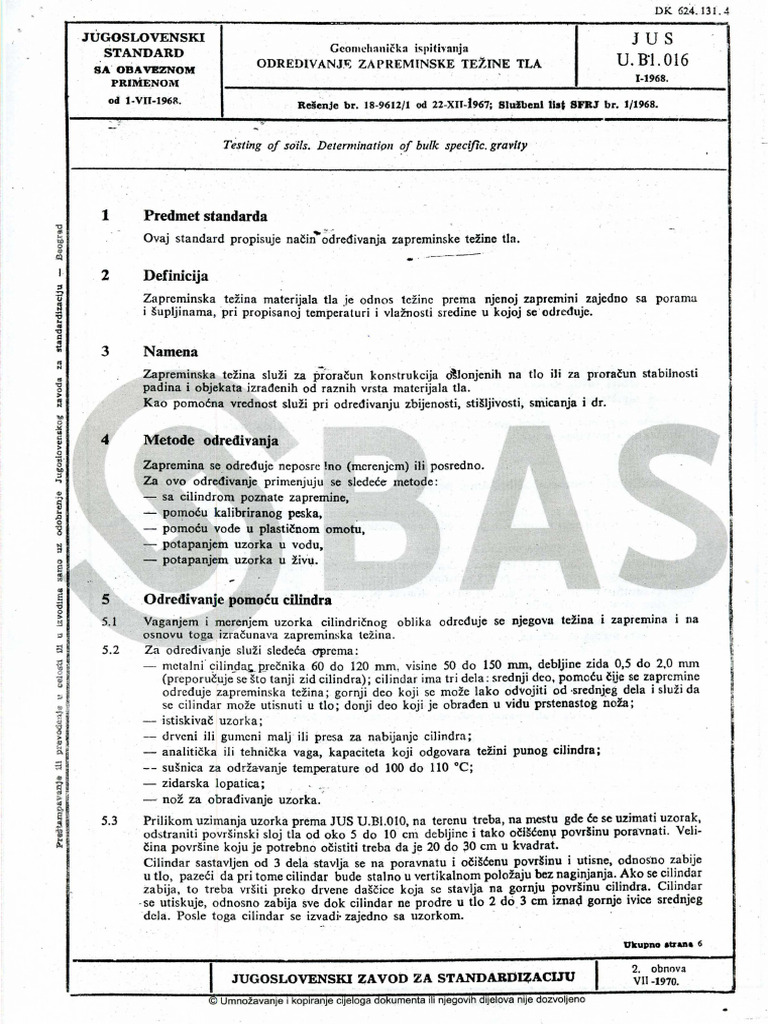 JUS U.B1.016 - 1970-Odredivanje Zapreminske Tezine Tla | PDF