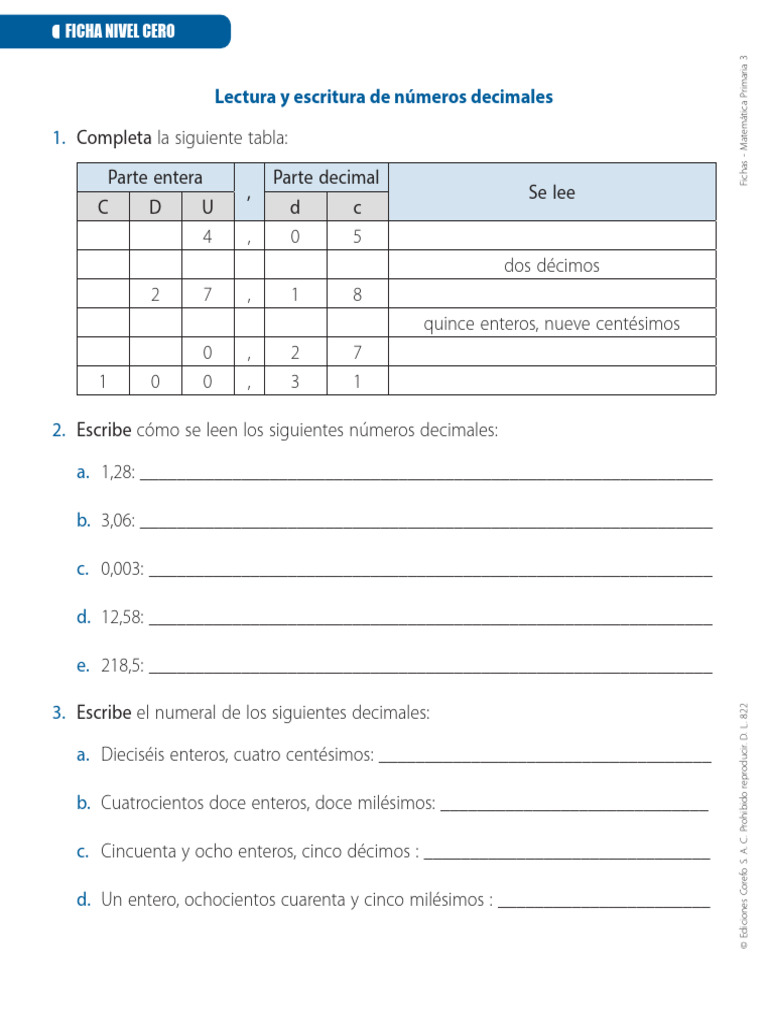 F0 - Lectura y Escritura de Números Decimales | PDF