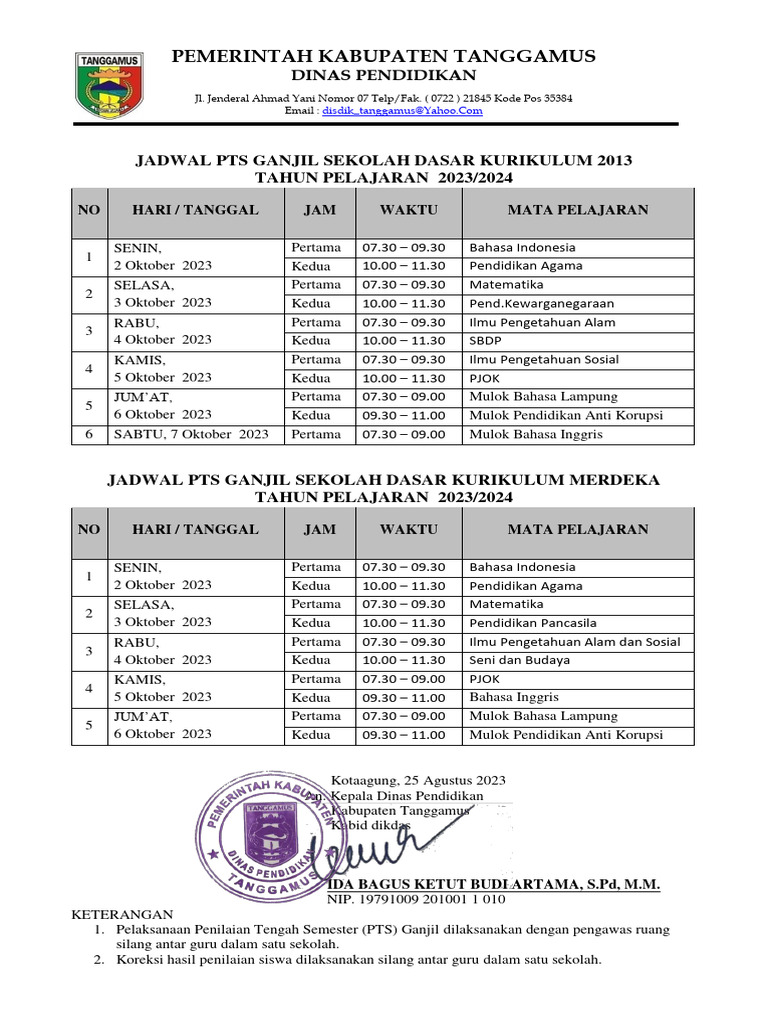 Jadwal PTS SD Semester Ganjil 2023.2024 | PDF