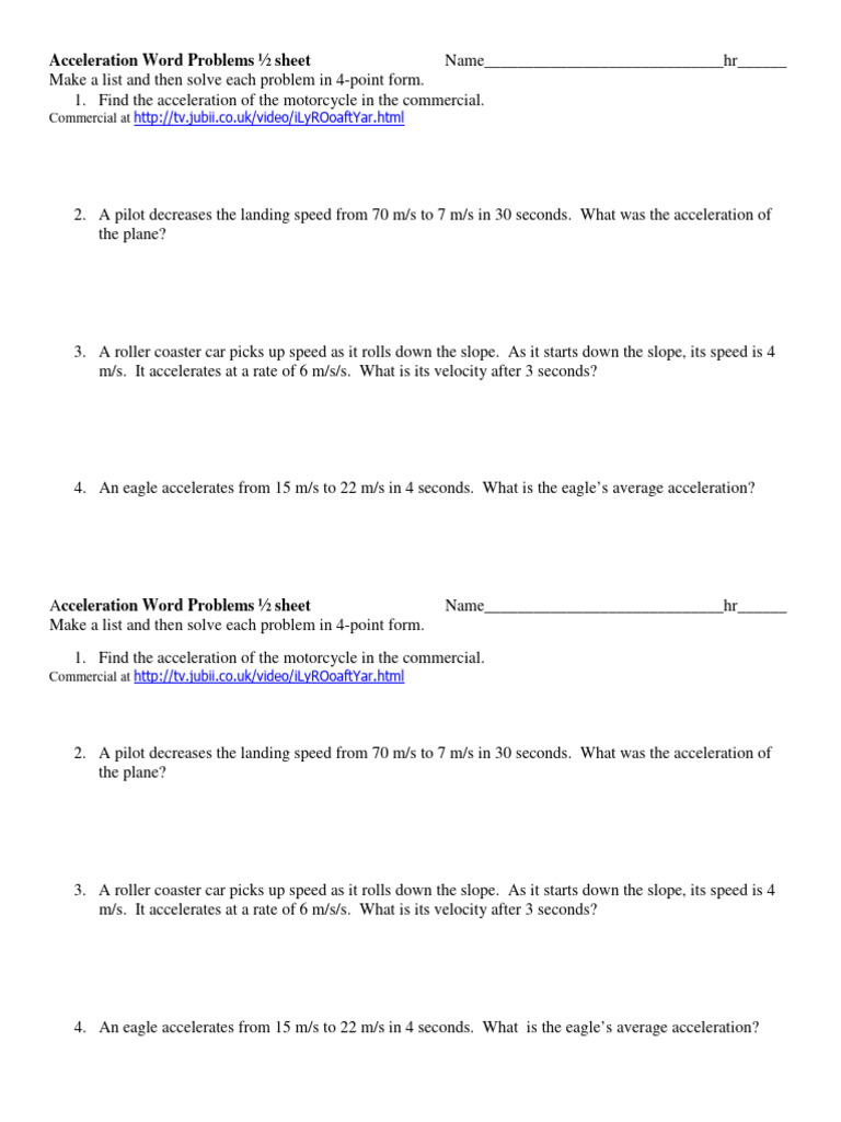 Acceleration Word Problems Half Sheet | PDF