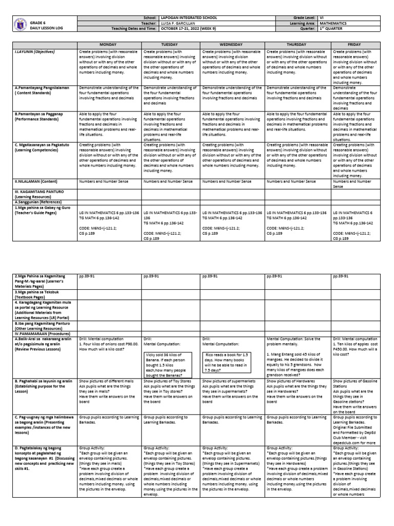 DLL - Grade 6 - Q1 - W9 | PDF | Numbers | Mathematics