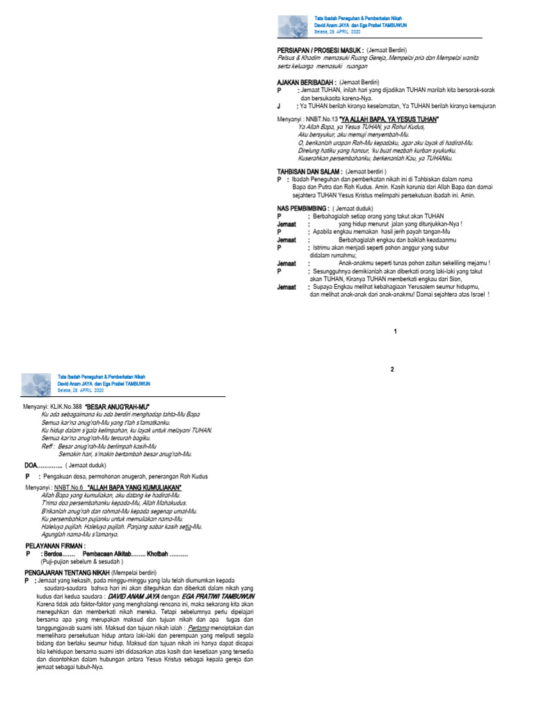 Tatacara Peneguhan Nikah David & Ega | PDF