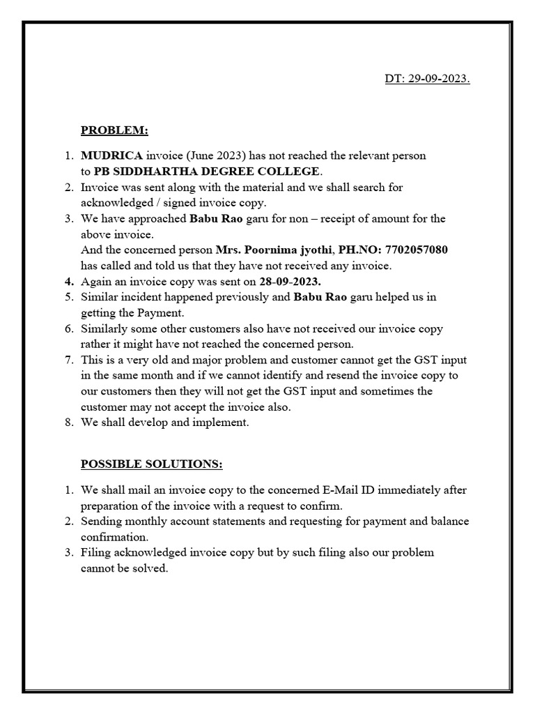 Problem & Solutions in Sending Invoice To Customers | PDF | Finance ...