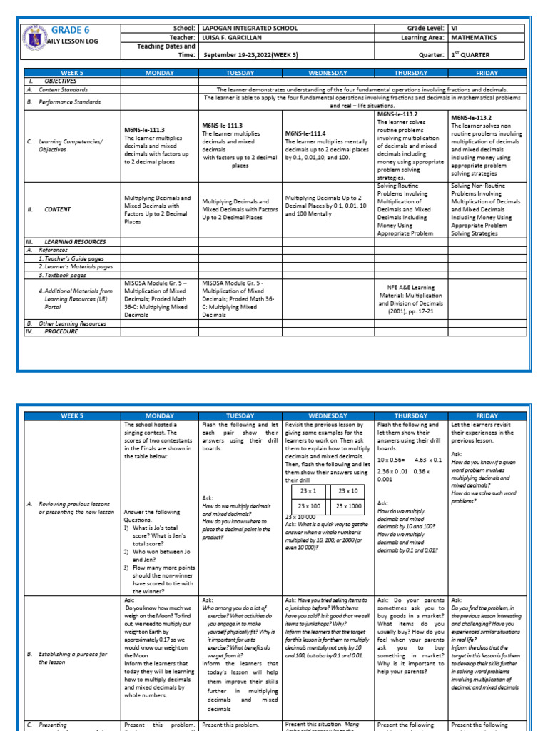 Grade 6: Week 5 Monday Tuesday Wednesday Thursday Friday | PDF
