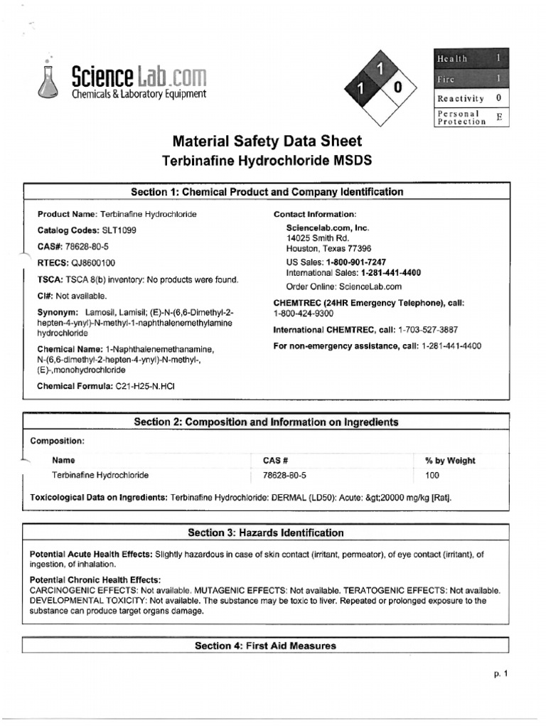 Terbinafine Hydrochloride MSDS | PDF