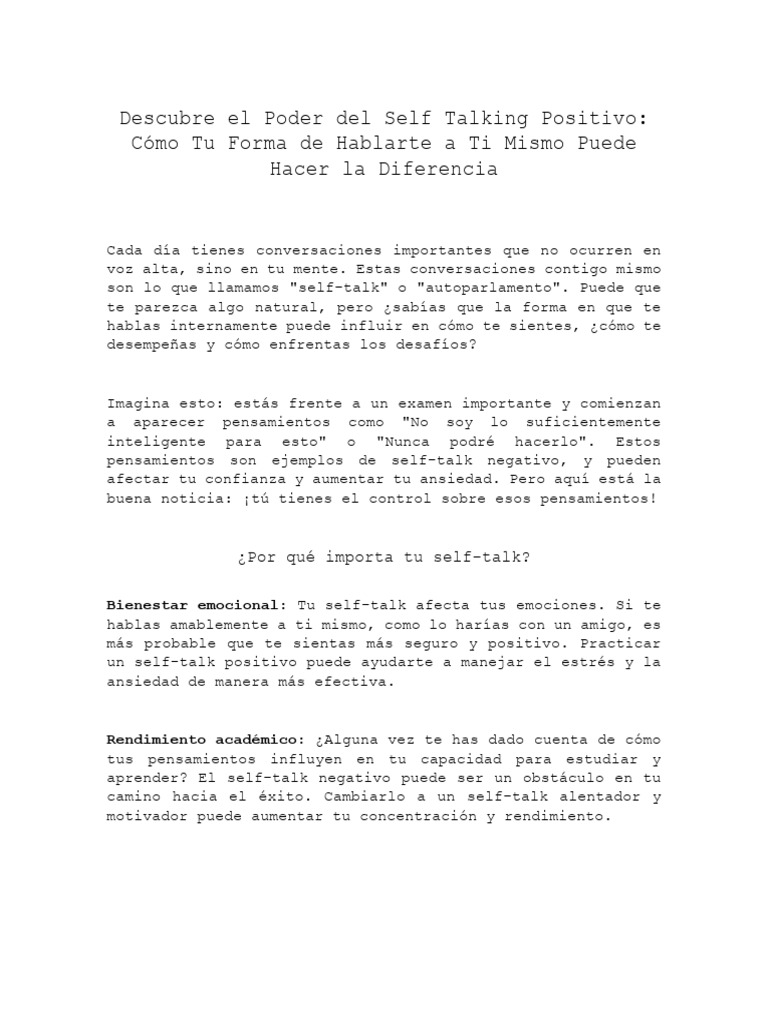 Descubre El Poder Del Self Talking Positivo | PDF | Pensamiento | Las ...
