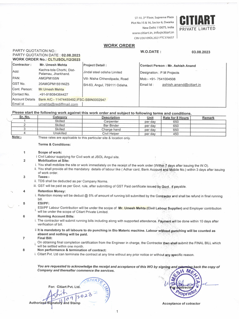 W.O of Umesh Mehta | PDF