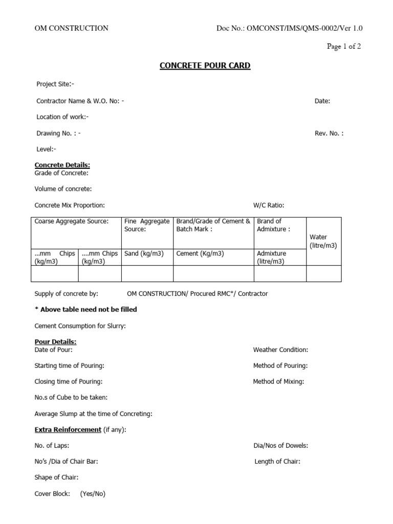 2.concrete Pour Card | Download Free PDF | Concrete | Building Technology