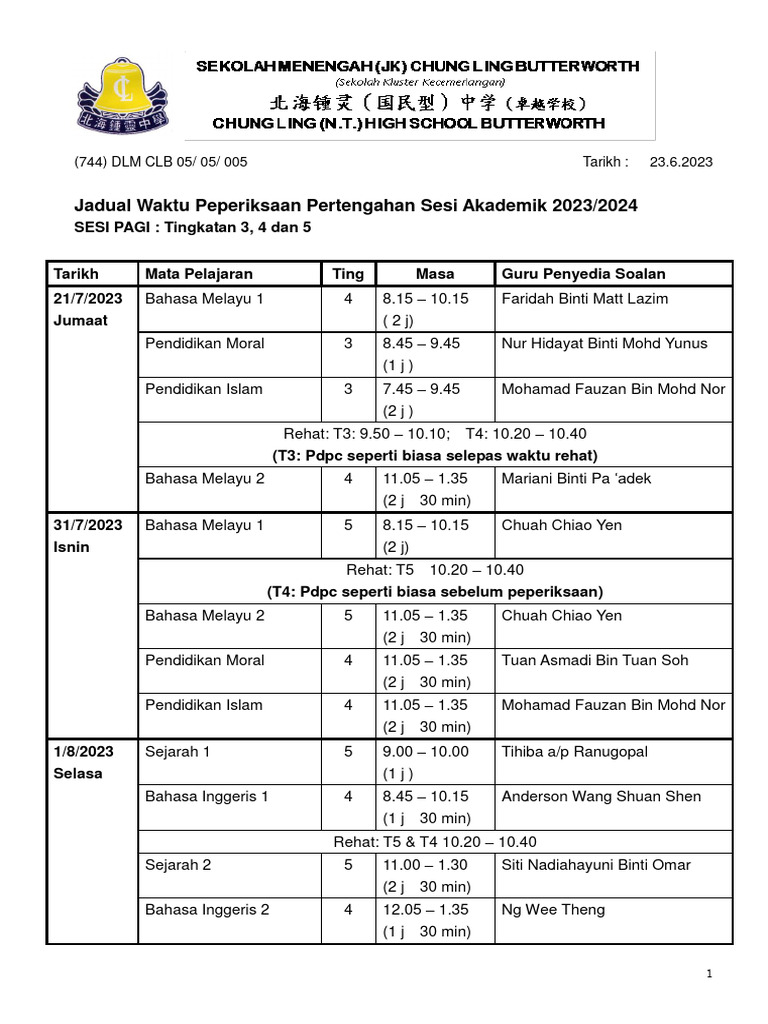 Jadual Waktu Peperiksaan Pertengahan Sesi Akademik 2023 - Students | PDF