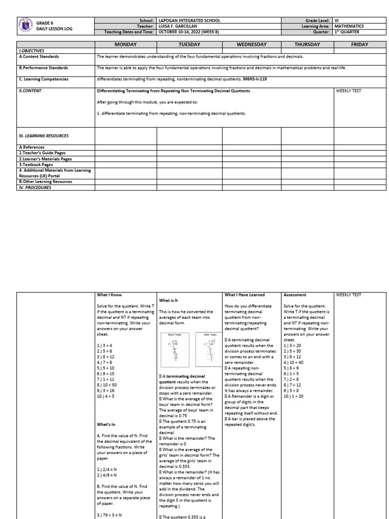 Grade 6 Math Lesson Plan: Decimals | PDF