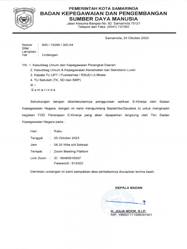 Undangan FGD Penerapan E-Kinerja 2023 | PDF