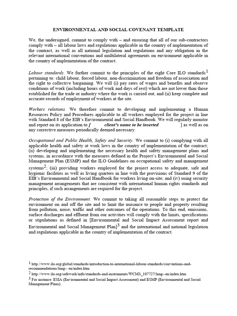 Environmental and Social Covenant Template | PDF | Labour Law ...