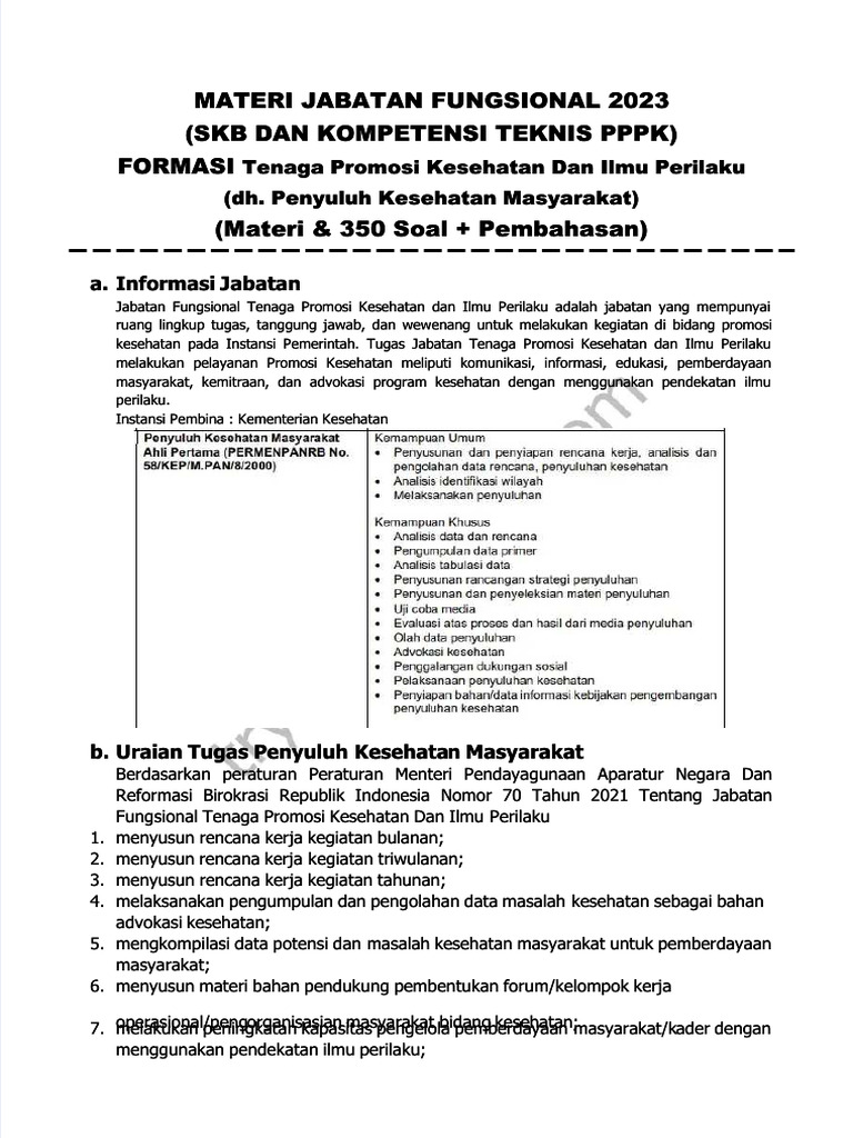 PDF 2023 Latihan Soal Tenaga Promosi Kesehatan Dan Ilmu Perilaku Penyuluh Kesmas - Compress | PDF