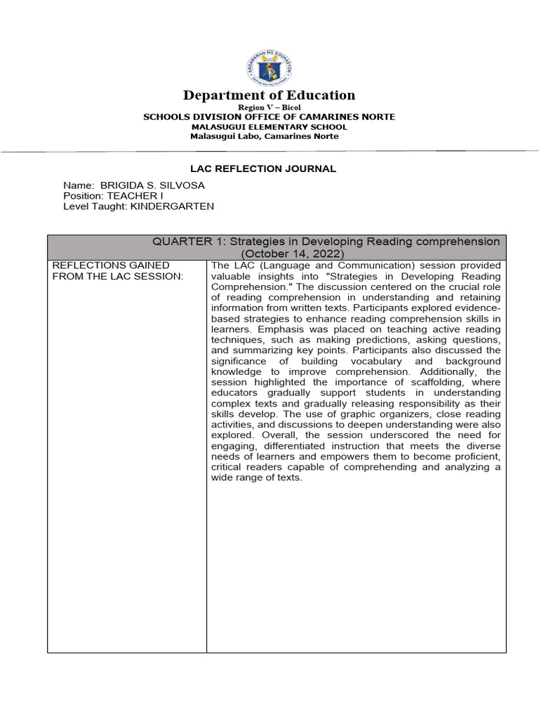 LAC REFLECTION Mam Pinky | PDF | Reading Comprehension | Educational Assessment